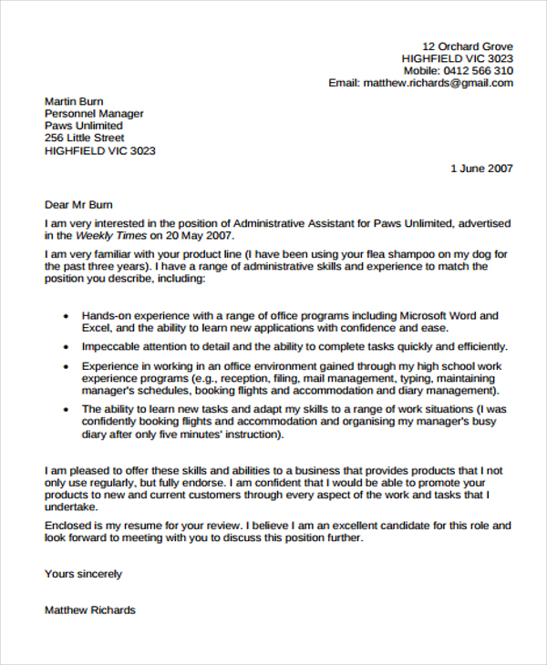 8 Executive Assistant Cover Letter Templates Free Sample Example 