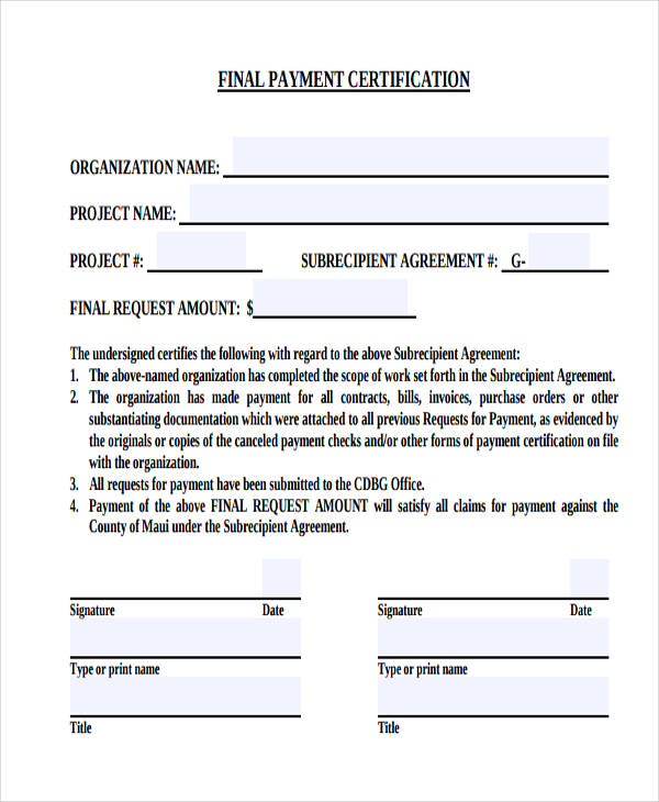 Payment Certificate Template Payment Certificate Template