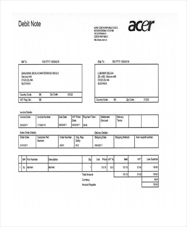 Printable Debit Note