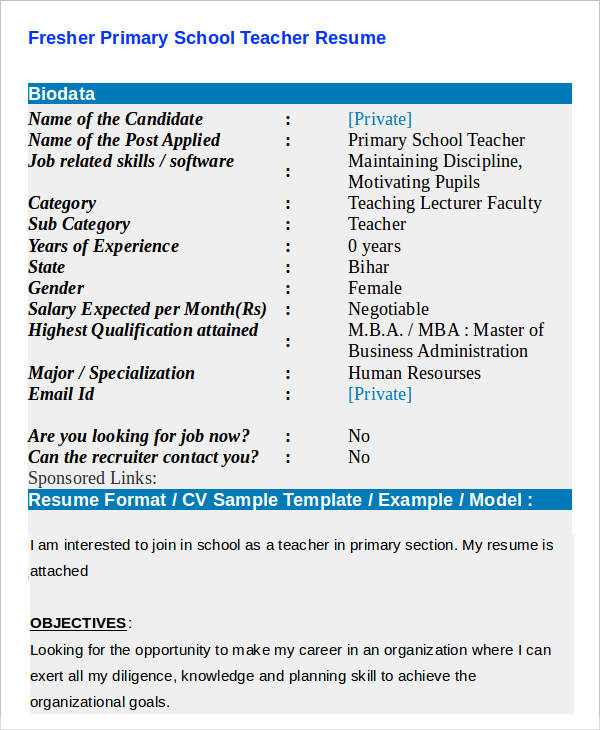Cv For Teaching Job Application For Fresher Teaching resume format 