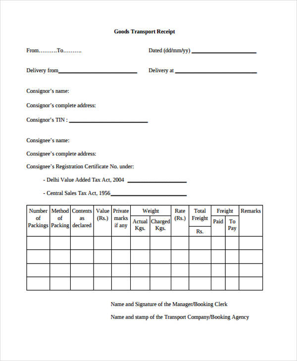 6+ Transport Receipt Templates - Free Samples, Examples Format Download