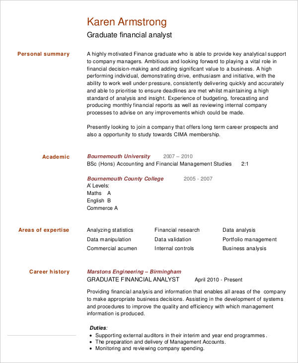  Financial Analyst Resume Sample Fresh Graduate Entry Level Finance 