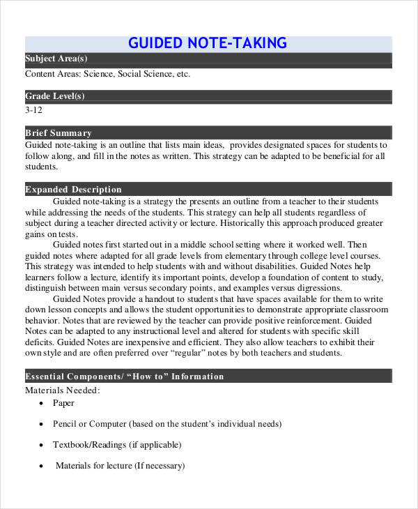 Guided Note Templates 6 Word PDF Format Download