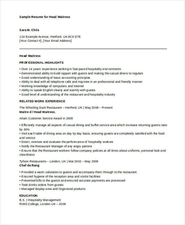 Waitress Resume Templates 10 Free Printable Word PDF Formats 