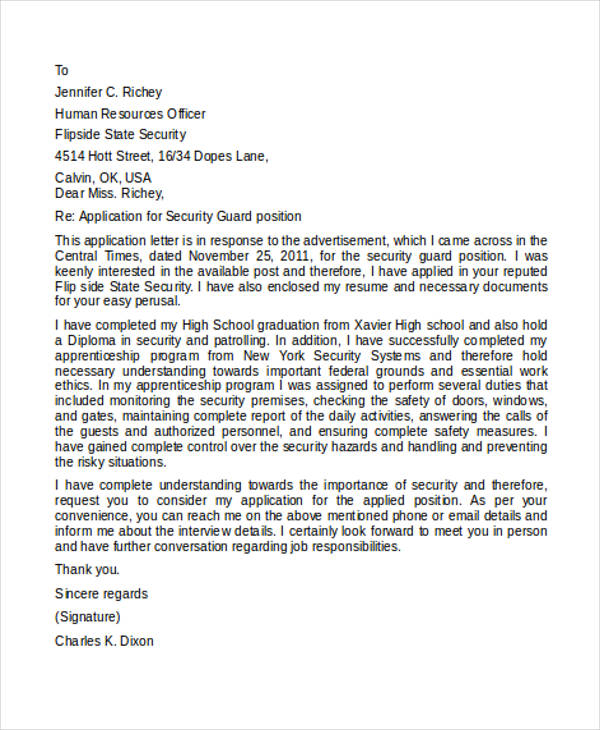 Security Guard Cover Letter 13 Word PDF Format Download