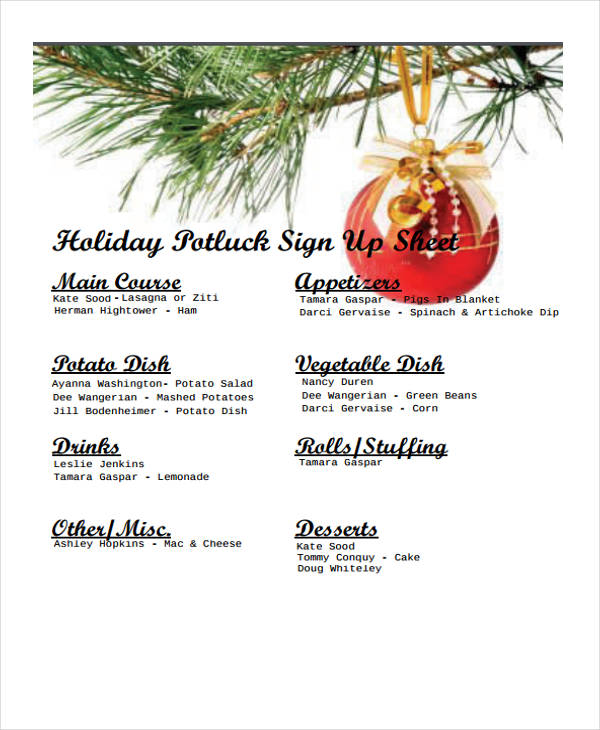 Holiday Sign Up Sheet Templates