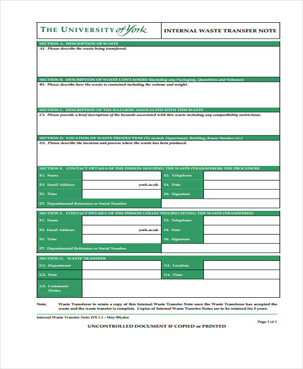 Transfer Note Templates - 8 Free PDF Format Download