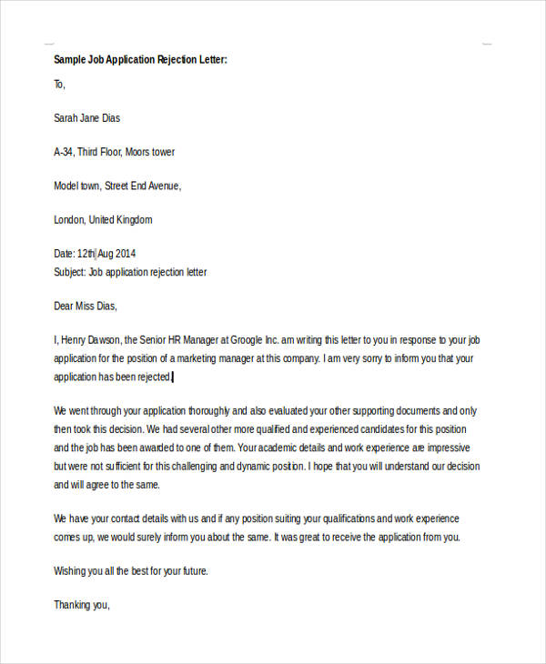 10 Standard Rejection Letter Sample Example