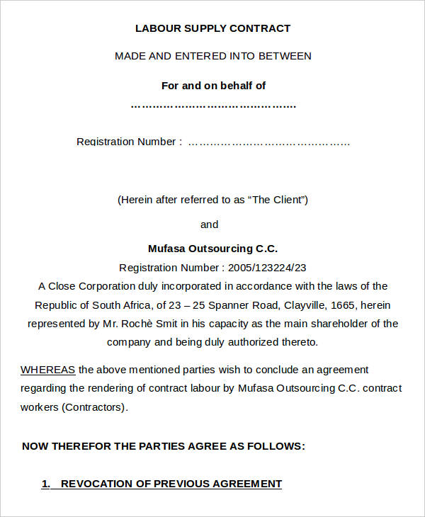 6 Labour Contract Templates Word PDF Docs