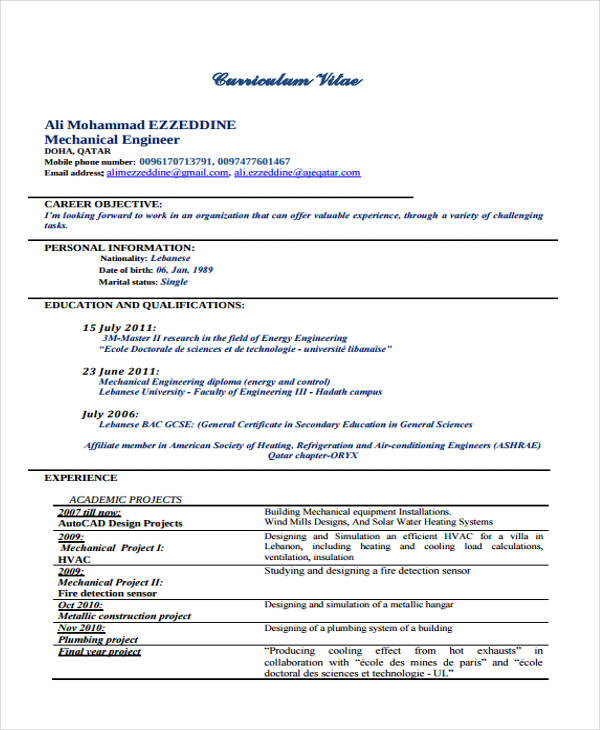 10+ Printable Engineer Curriculum Vitae Templates - PDF, DOC