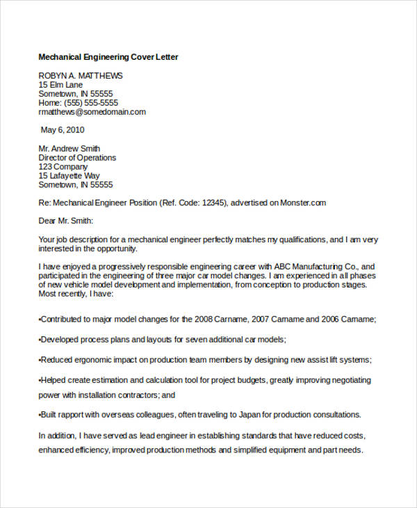 Cover Letter Sample For Mechanical Engineer Fresher Mechanical 