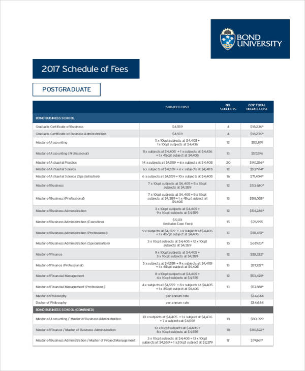 6 Fee Schedule Templates Free Samples Examples Format Download