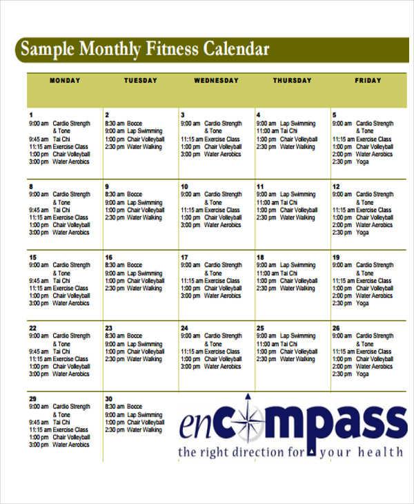 6+ Fitness Calendar Templates - PDF, Word, Excel