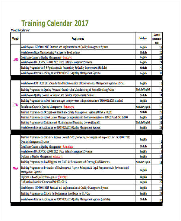26 Training Calendar Templates Sample Example Format Download