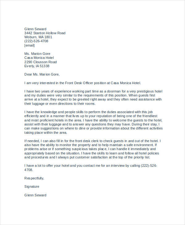 Front Desk Cover Letter Collection Letter Template Collection