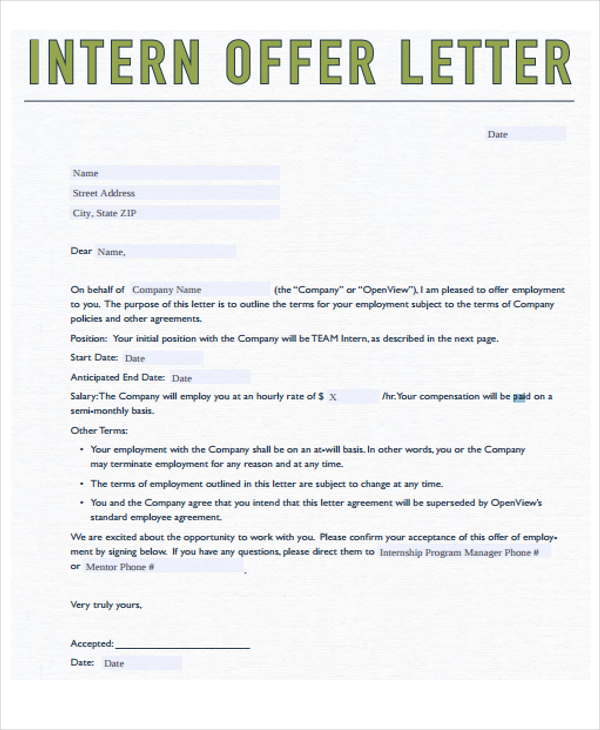 13 Internship Offer Letters Samples Examples Format Download