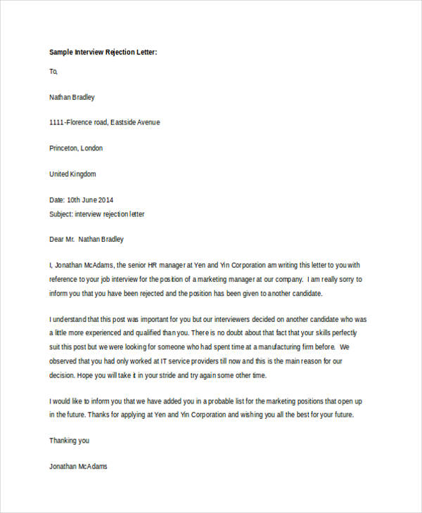 14 Polite Rejection Letter Free Sample Example Format Download