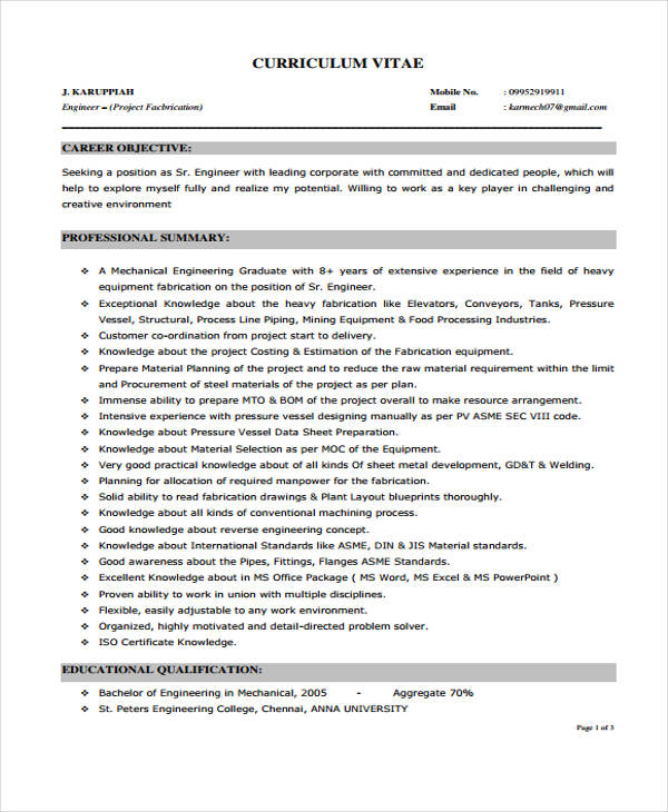 10+ Printable Engineer Curriculum Vitae Templates - PDF, DOC