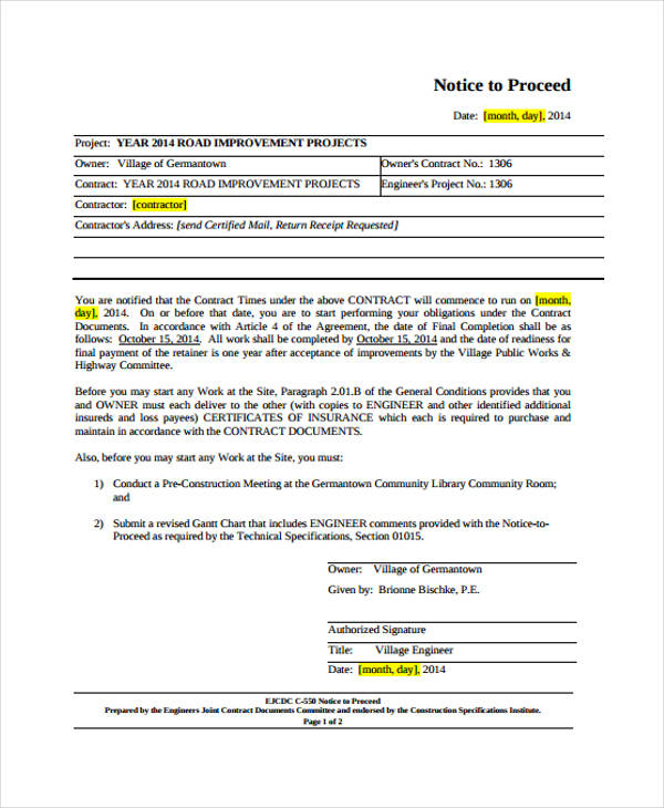 Notice to Proceed Templates - 8 Free Word, PDF Format Download