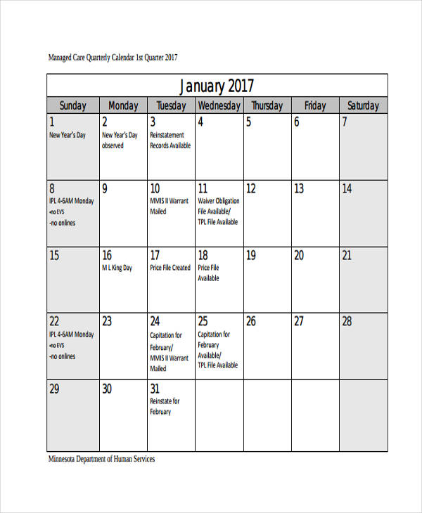 8 Quarterly Calendar Templates Sample Example
