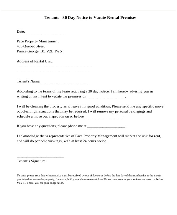 30 Day Notice To Landlord Sample Letter