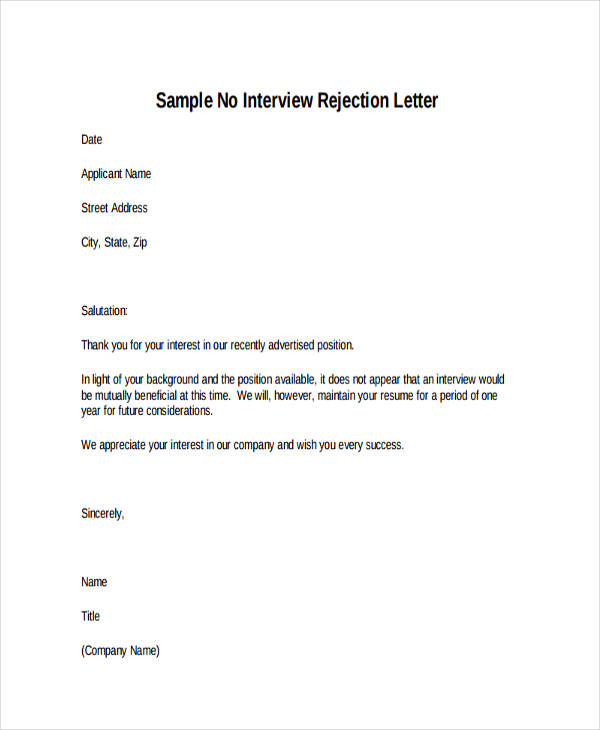 Sample Rejection Offer Letter