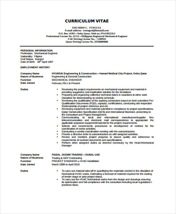 10+ Printable Engineer Curriculum Vitae Templates - PDF, DOC