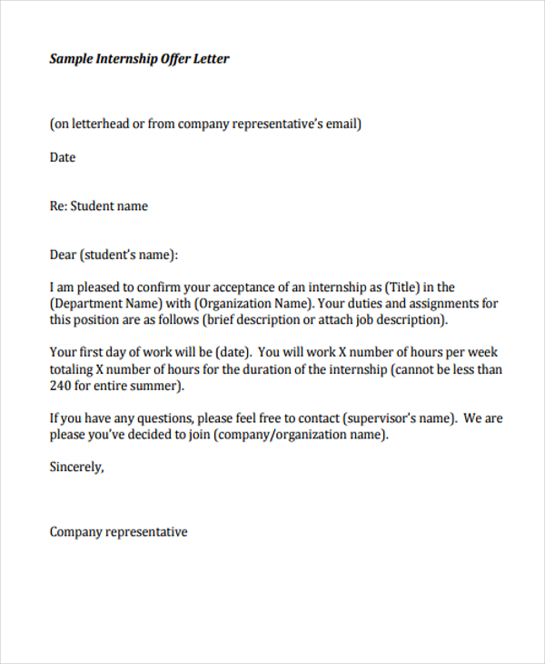 Intern Offer Letter Sample