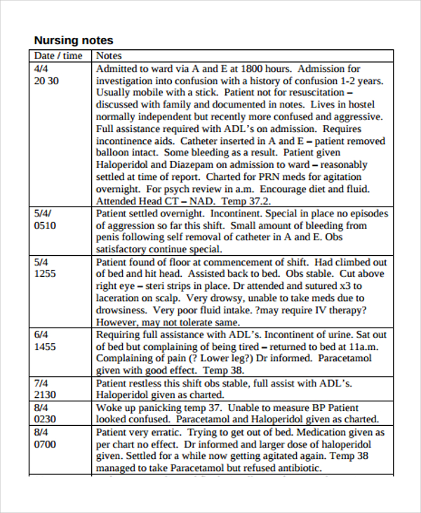 Sample Nursing Note Template