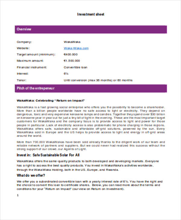 Investment Sheet Templates - 4+ Free PDF Format Download