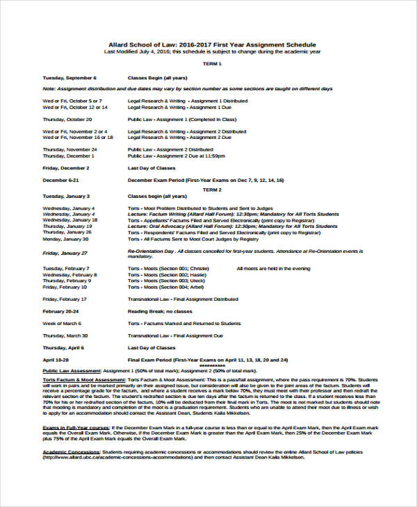 10 Assignment Schedule Templates Sample Examples