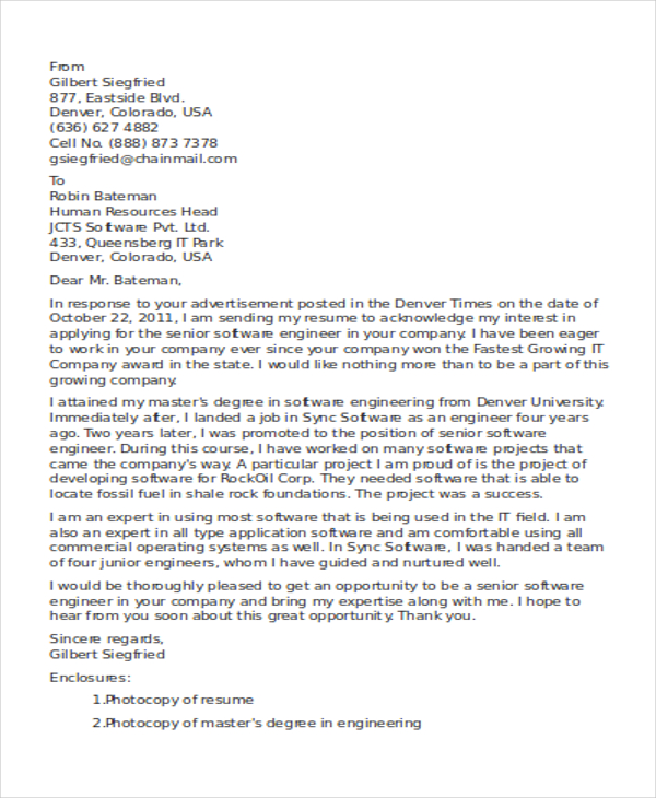 Cover Letter Format For Experienced Software Engineer