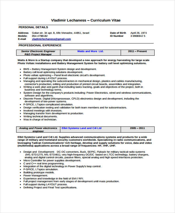 10+ Printable Engineer Curriculum Vitae Templates - PDF, DOC