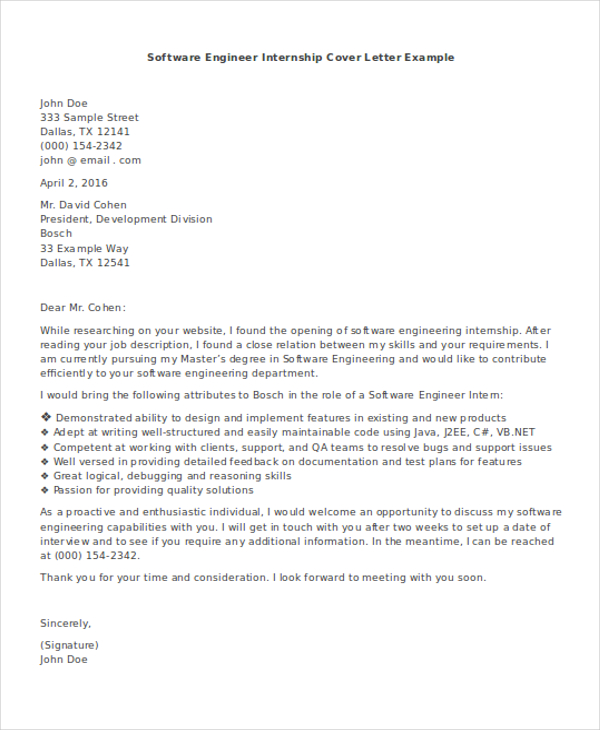 Cover Letter For Software Engineer Internship Most Freeware