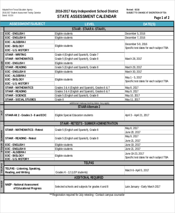Assessment Calendar Templates - 9+ Free Word, PDF Format Download