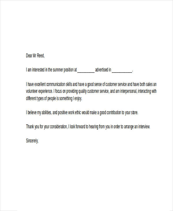 Job Application Letter For A Summer Job Cover Letter Examples Library