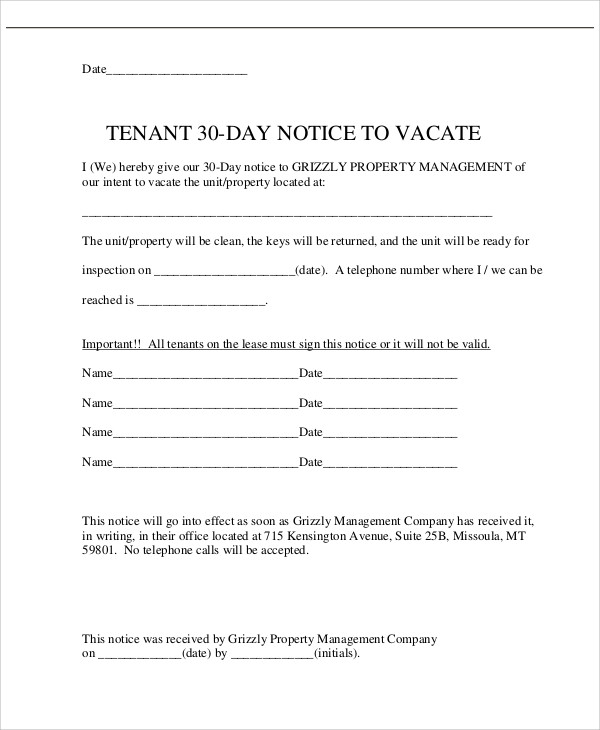 Sample 30 Day Notice From Tenant The Document Template