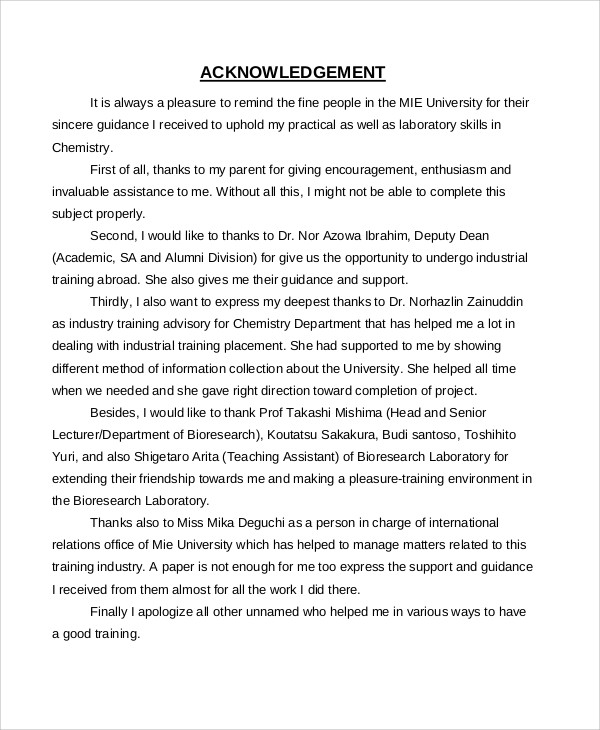 Example Of Acknowledgement For Internship Report