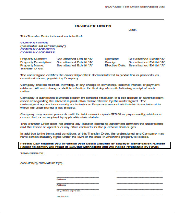 9 Transfer Order Templates - Free Sample, Example, Format Download