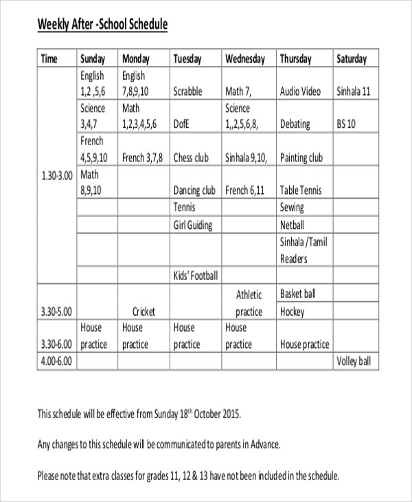 After-School Schedule Templates -12+ Free Samples, Examples Format Download