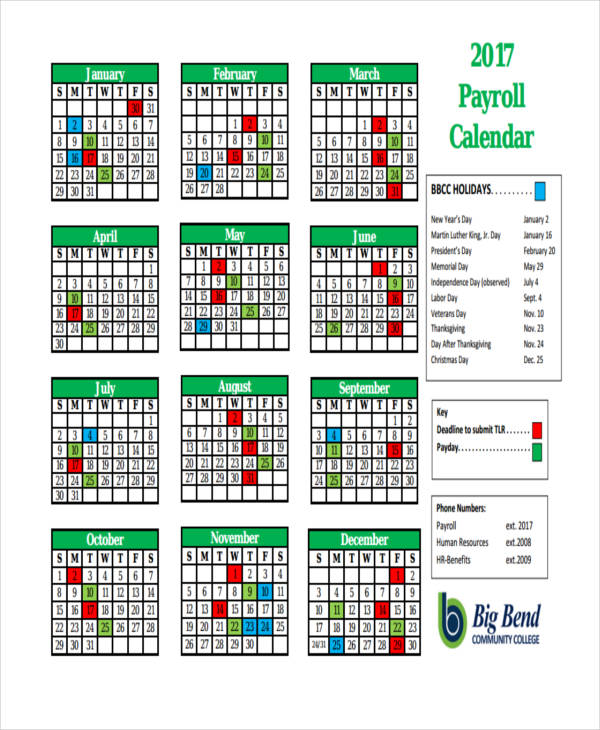 7 Payroll Calendar Templates Sample Example