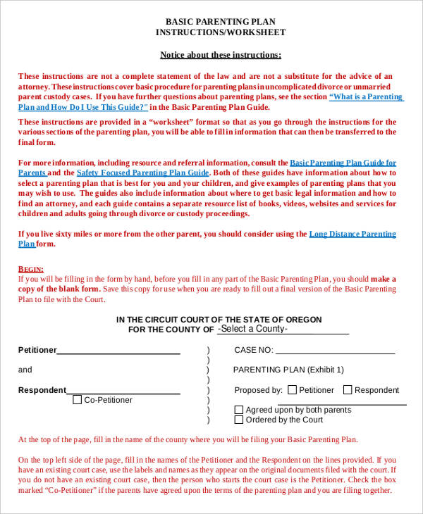 9 Parenting Plan Templates Free Sample Example Format Download