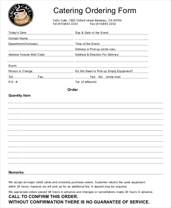 Catering Order Form Template Word