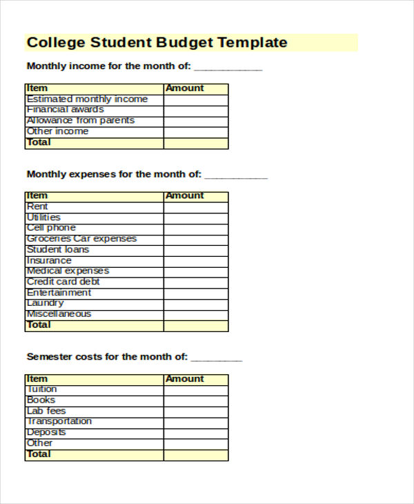 College Student Budget Template Free DriverLayer Search Engine