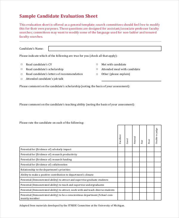 13+ Evaluation Sheet Templates -Free Sample, Example Format Download