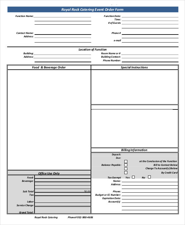 16 Catering Order Forms MS Word Numbers Pages