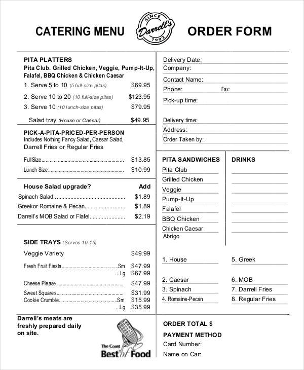 16 Catering Order Forms MS Word Numbers Pages