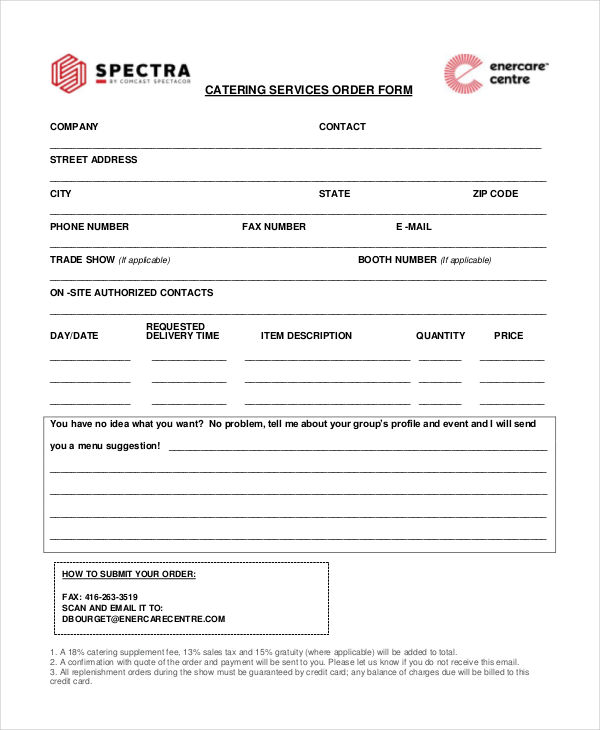 16 Catering Order Forms MS Word Numbers Pages