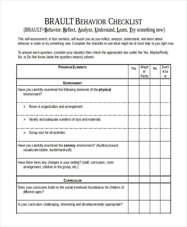 Behavior Checklist Template 8 Free Word PDF Format Download