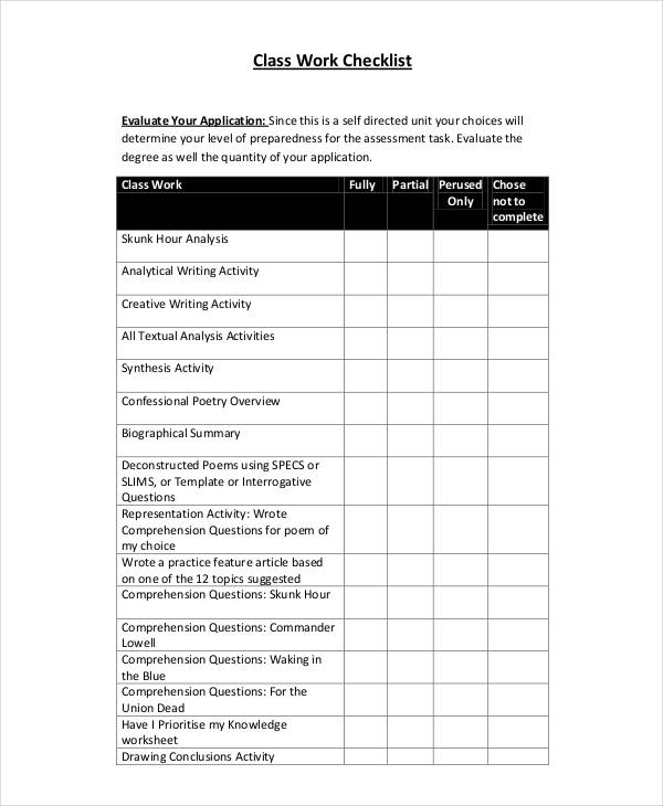 Work Checklist Template - 9+ Free Samples, Examples Format Download